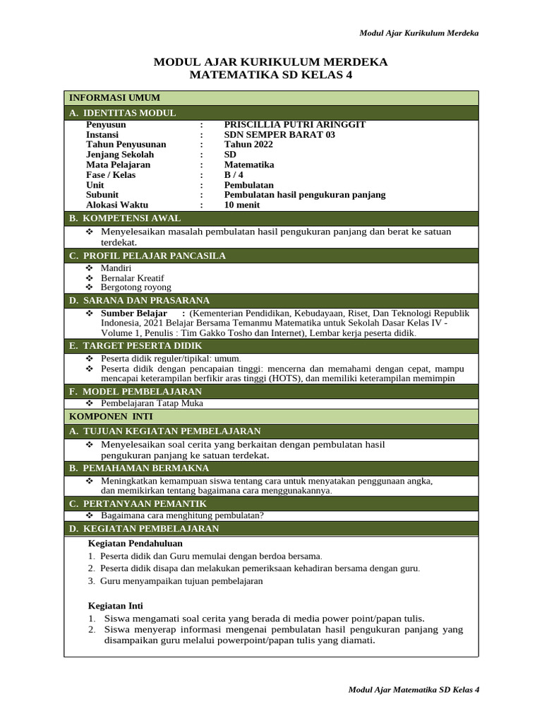 Contoh Modul Ajar Matematika Kelas 4 | PDF