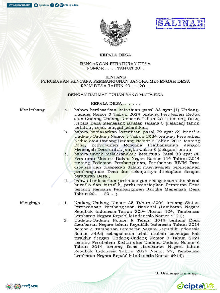 07 - Rancangan Perdes Perubahan RPJM Desa (WWW - Ciptadesa.com) | PDF