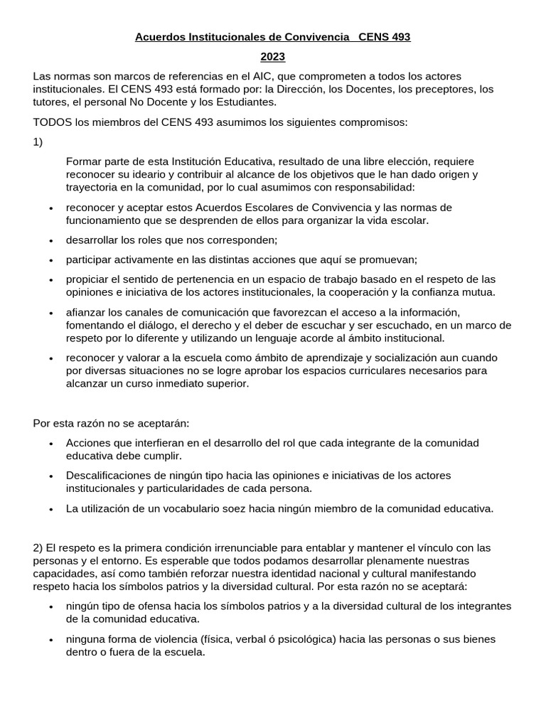 Acuerdos de Convivencia CENS 493 | PDF | Escuelas | Institución