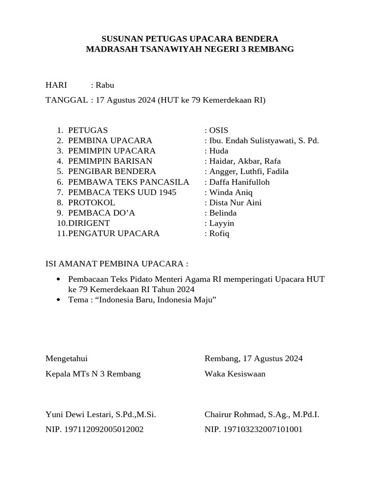 SUSUNAN PETUGAS UPACARA 17 Agustus 2024 | PDF
