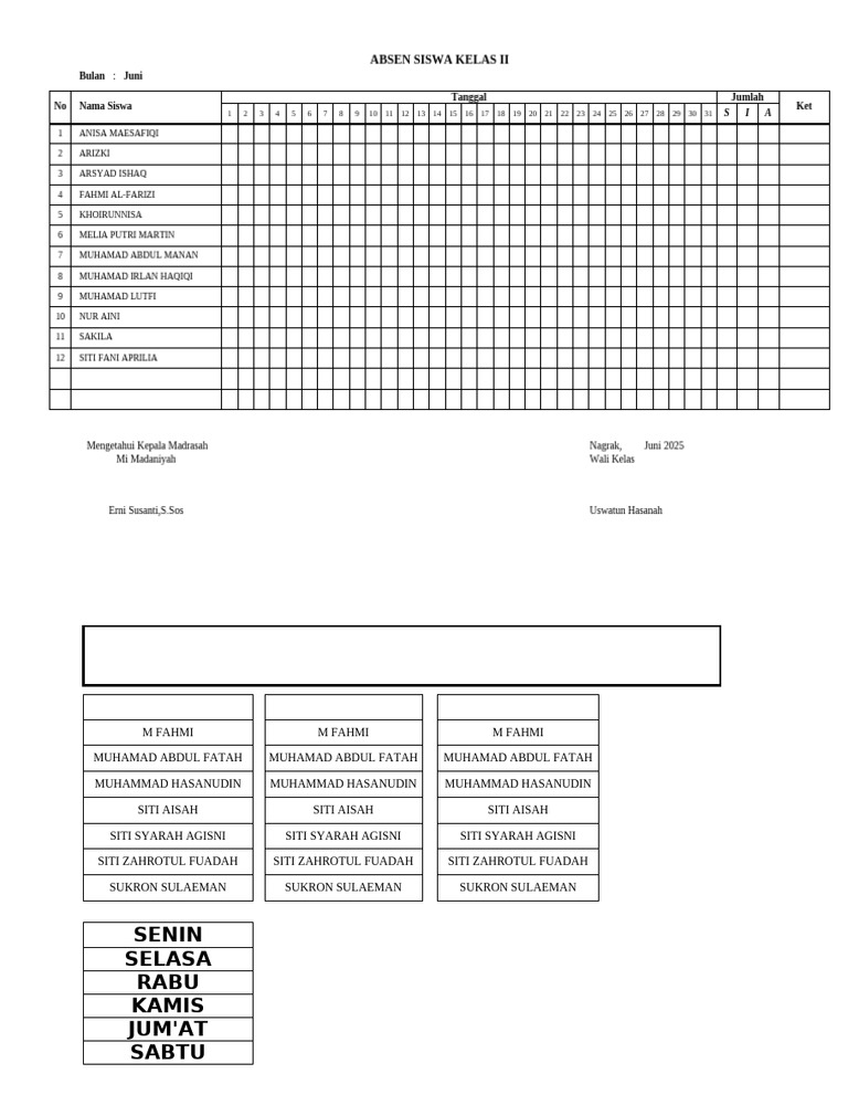 Format Absen Kelas II Juni 2025 | PDF