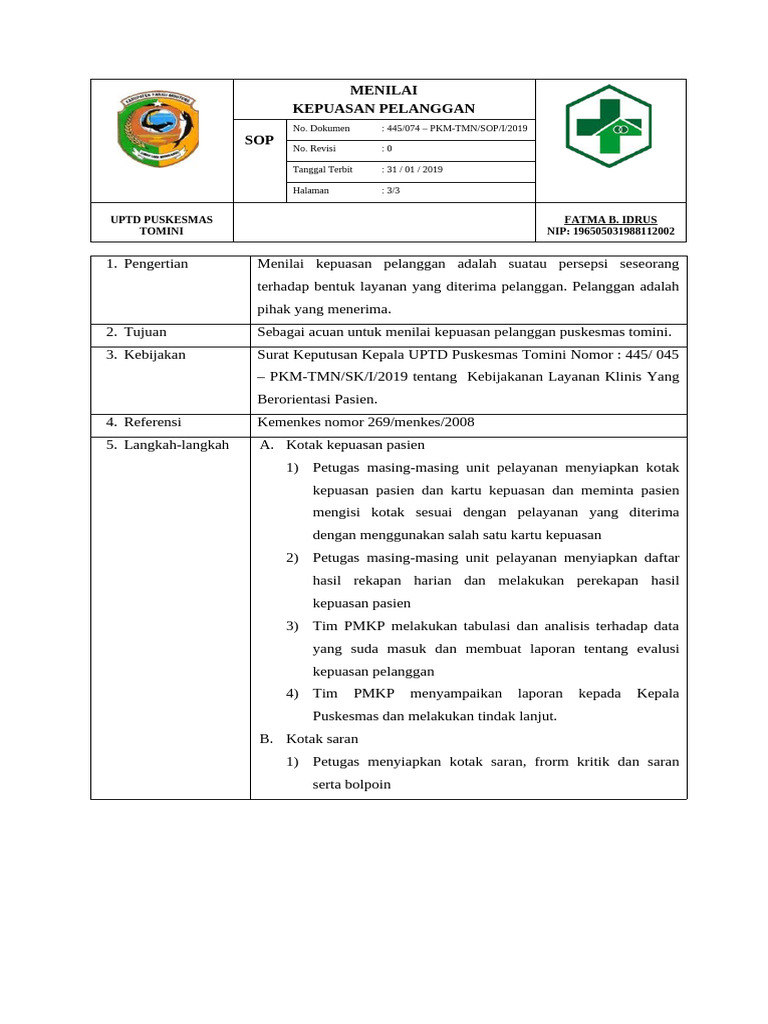 Sop Penilaian Kepuasan Pelanggan | PDF | Pengelolaan Keuangan & Uang