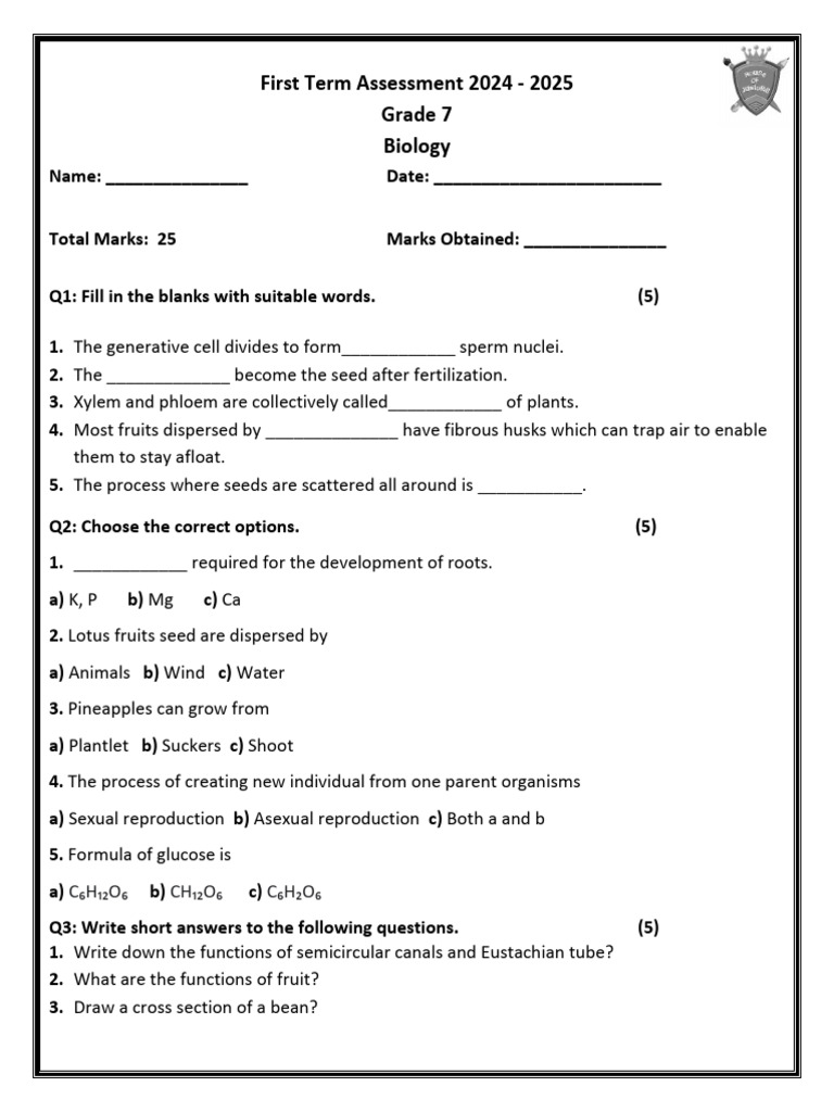 G7 Biology First Term Assessment 2024 | PDF