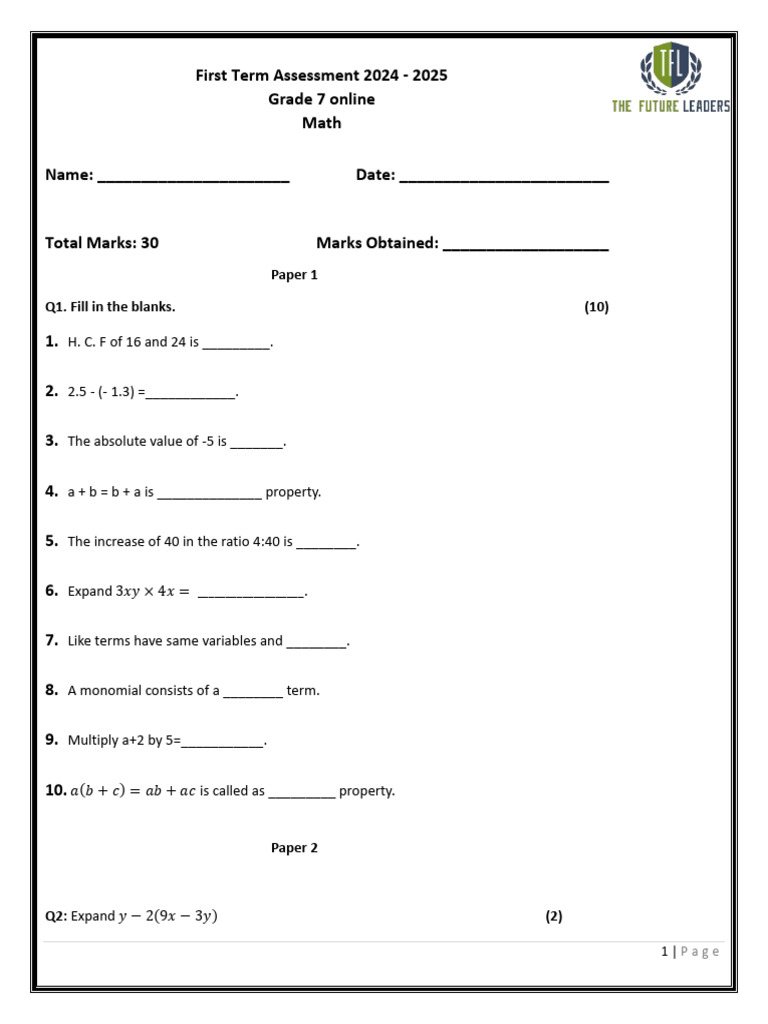 Grade 7 First Term Maths Assessment 2024 | PDF | Teaching Methods ...