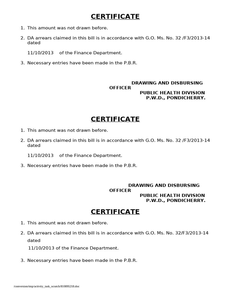 DA Arrear Certificate | PDF | Finance & Money Management