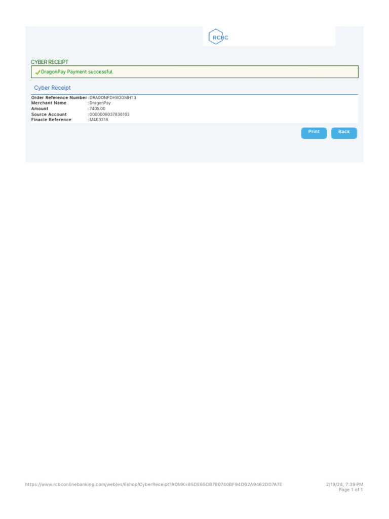 Cyber Receipt - RCBC Online Banking | PDF | Finance & Money Management