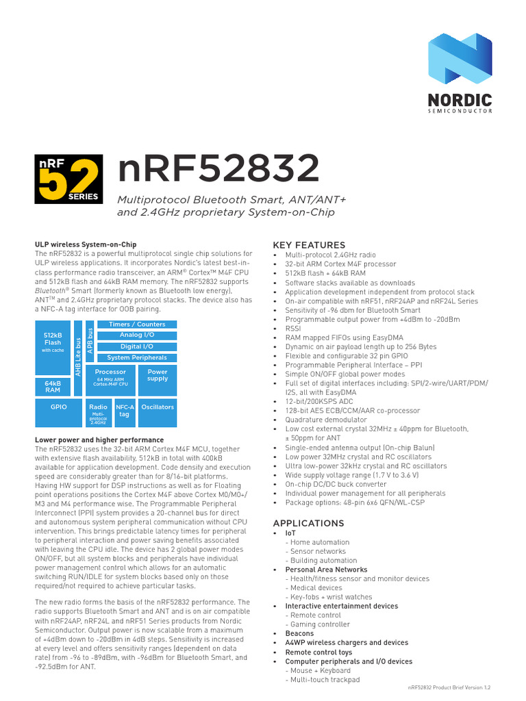 NRF52832 Product Brief v1.2-890472 | PDF | Bluetooth | Computer Hardware