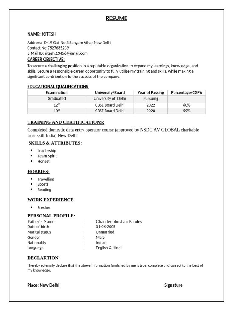 Simple Indian Resume for Fresher | PDF