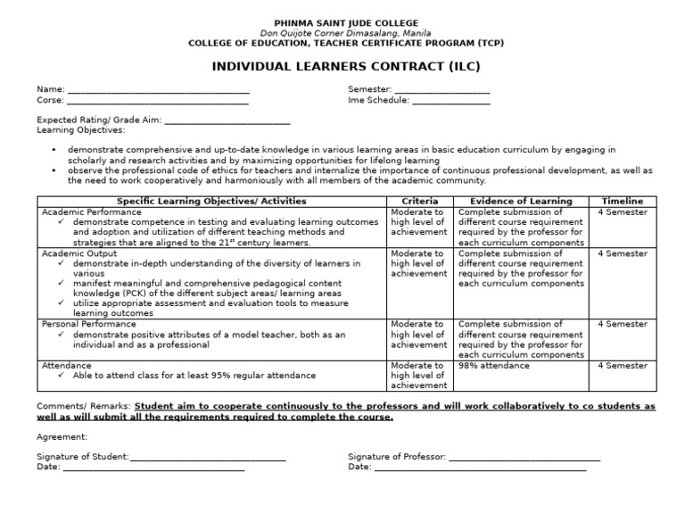 Individual Learner's Contract | PDF | Learning | Curriculum