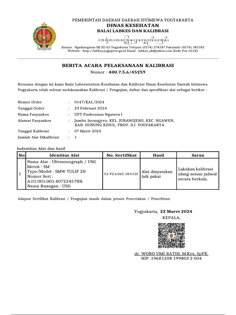 Berita Acara Kalibrasi Alat USG | PDF