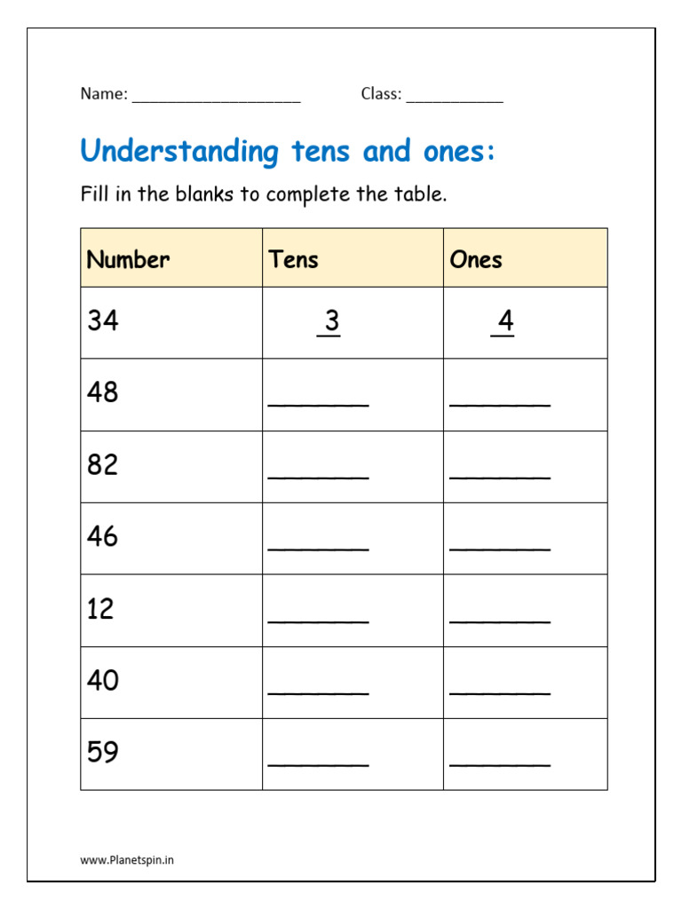 Complete Table With Tens and Ones Maths Grade1 | PDF