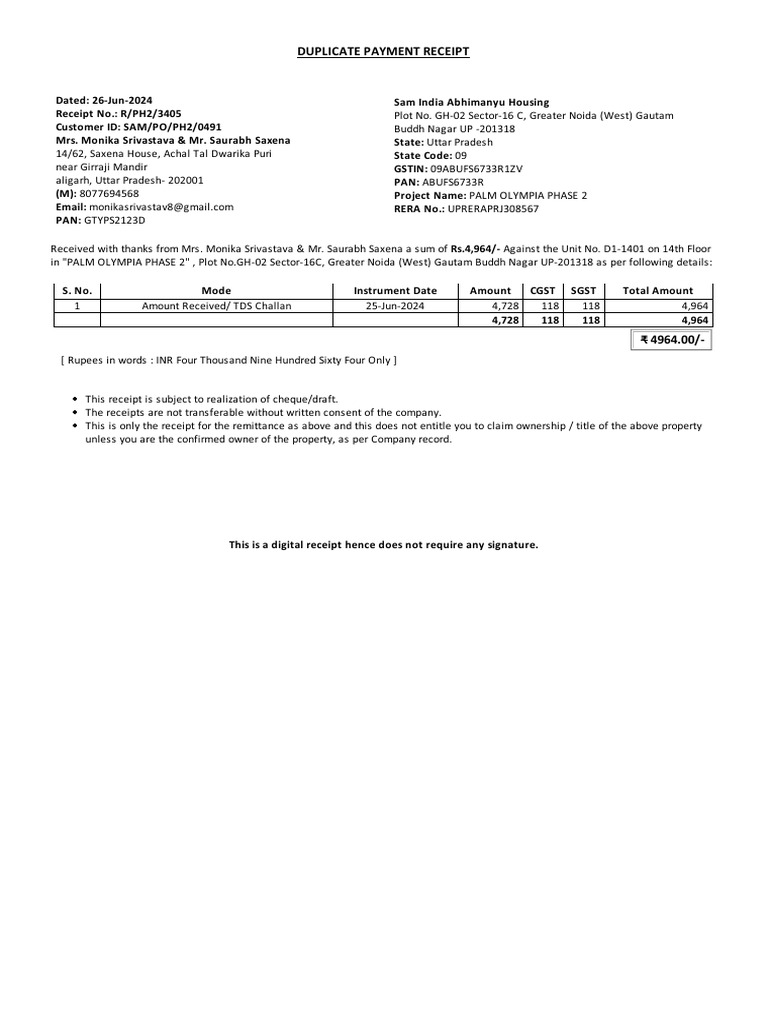 Duplicate Payment Receipt 2024 | PDF