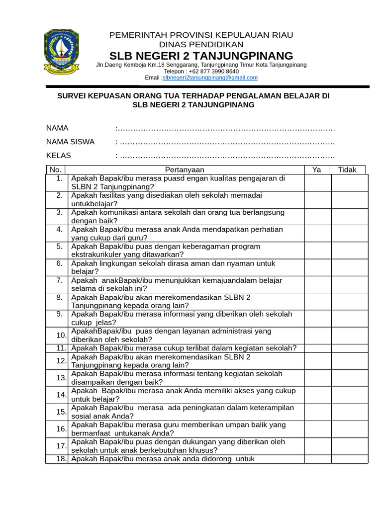 Kuesioner Orang Tua Dan Siswa | PDF