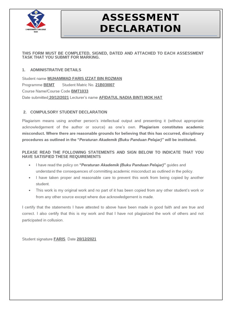 Assessment Declaration Form 2020 | PDF