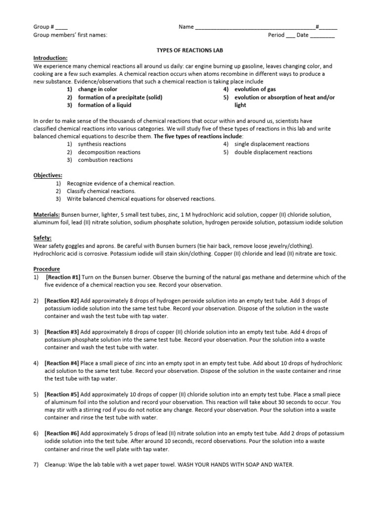 03 Types of Reactions Lab | PDF | Chemical Reactions | Acid