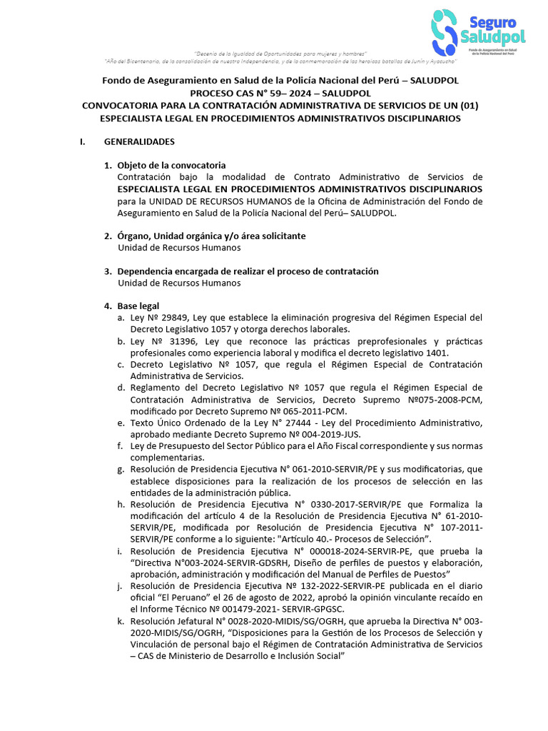 Bases - Proceso Cas ND 059n 2024 N Saludpolpdf - 501 | PDF | Apelación | Administración Pública