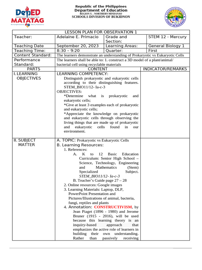 Gen. Bio. 1 Semi Detailed Lesson Plan | PDF | Cell (Biology) | Learning