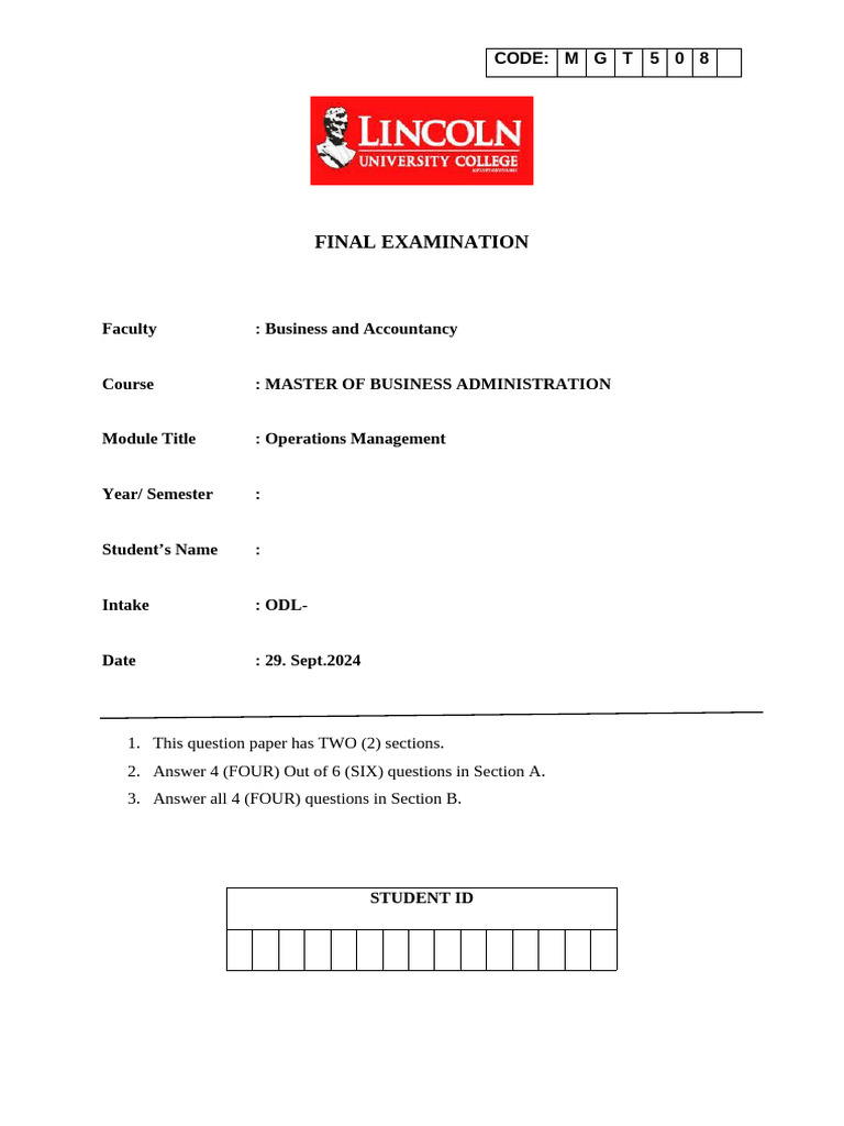Operations Management Final Question Sept-2024 | PDF | Inventory | Boeing