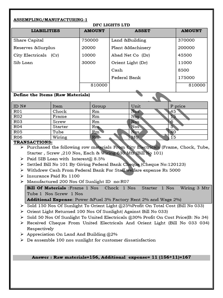 Liabilities Amount Asset Amount: Assempling/Manufacturing-1 DFC Lights LTD | PDF | Expense | Cheque
