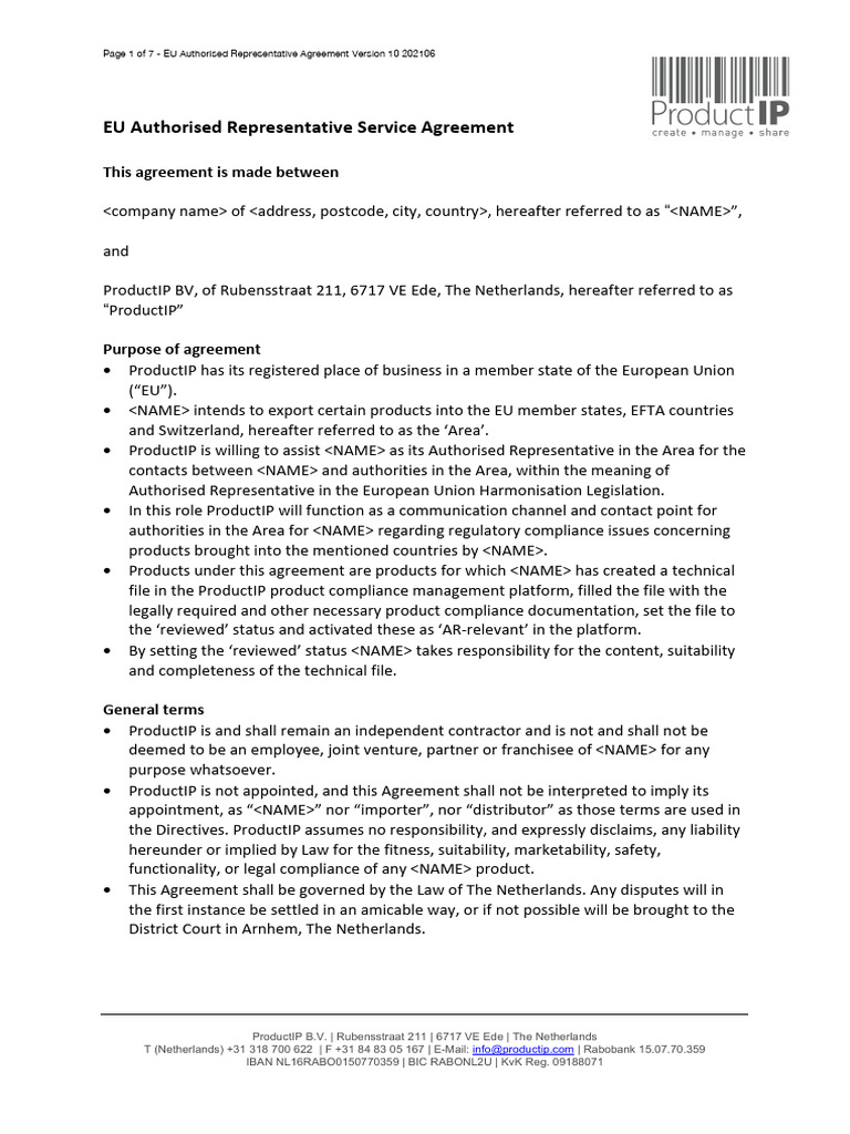 EU Authorised Representative Agreement | PDF | Breach Of Contract | Fee