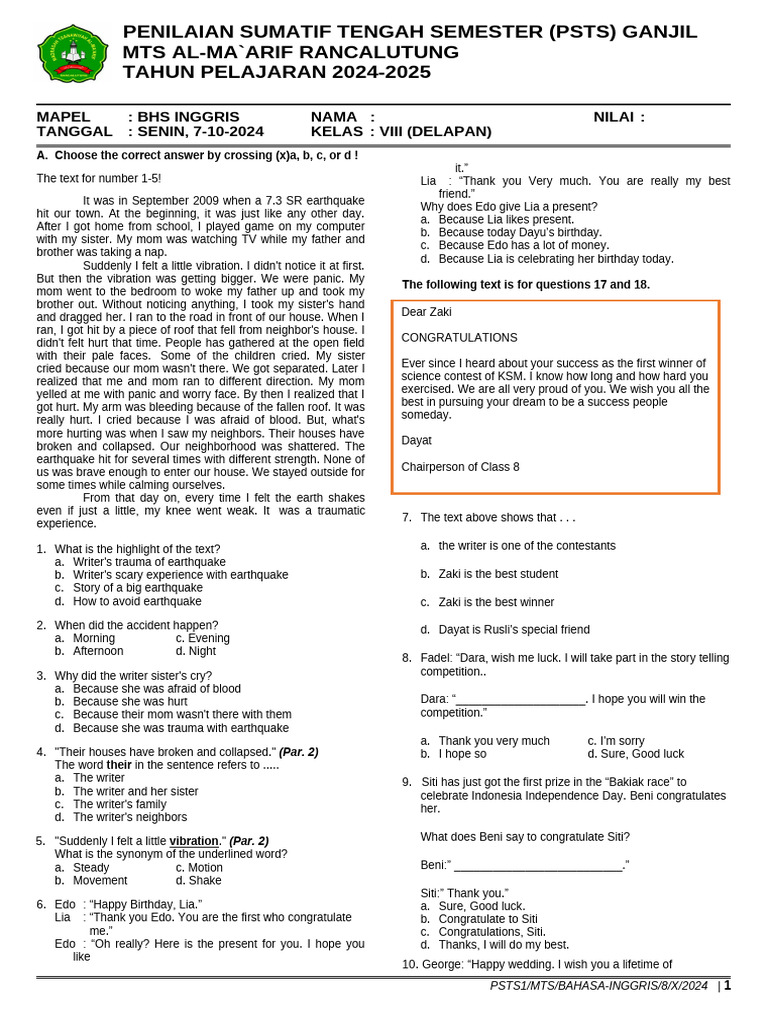 PSTS1 BHS Inggris 8 TH24 | PDF