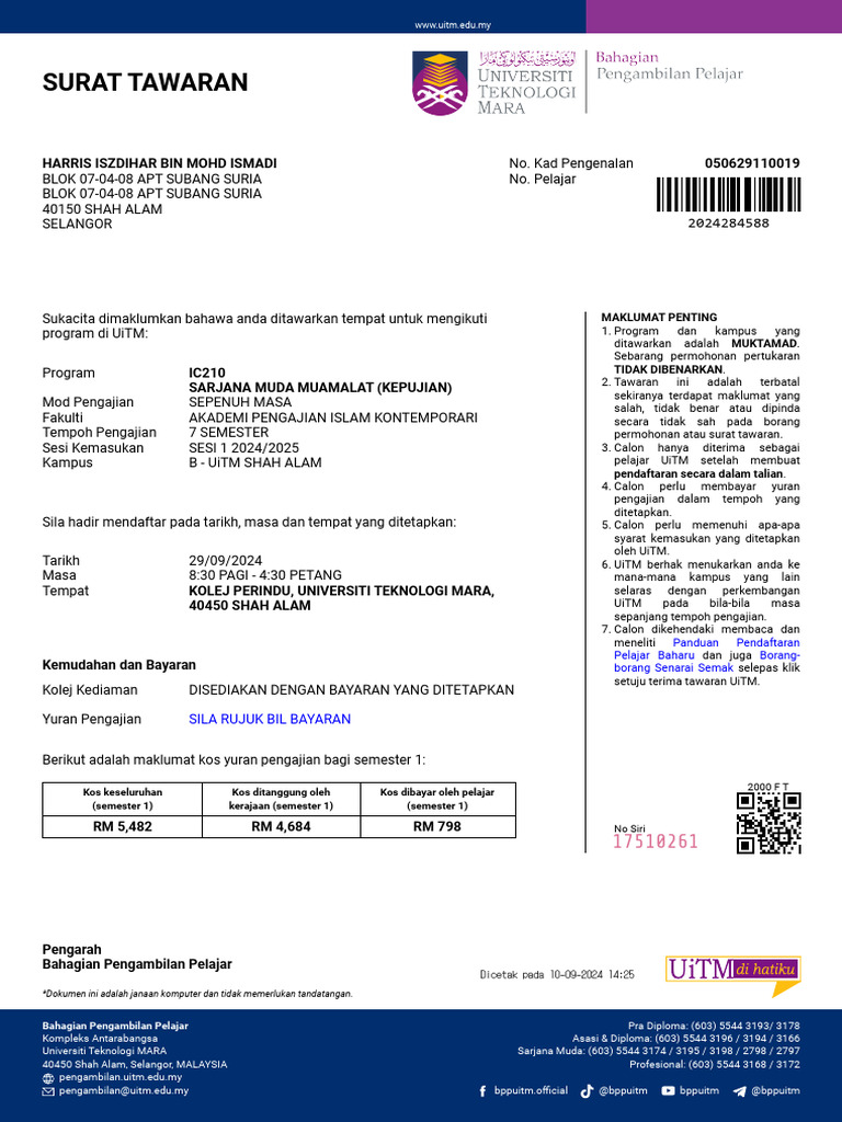 Surat Tawaran Uitm | PDF