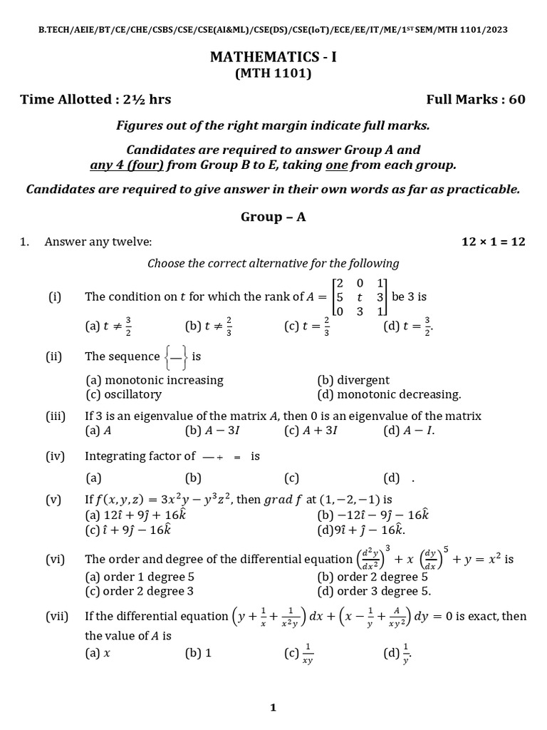 Mathematics - I - MTH 1101 - 2023 | PDF | Integral | Derivative