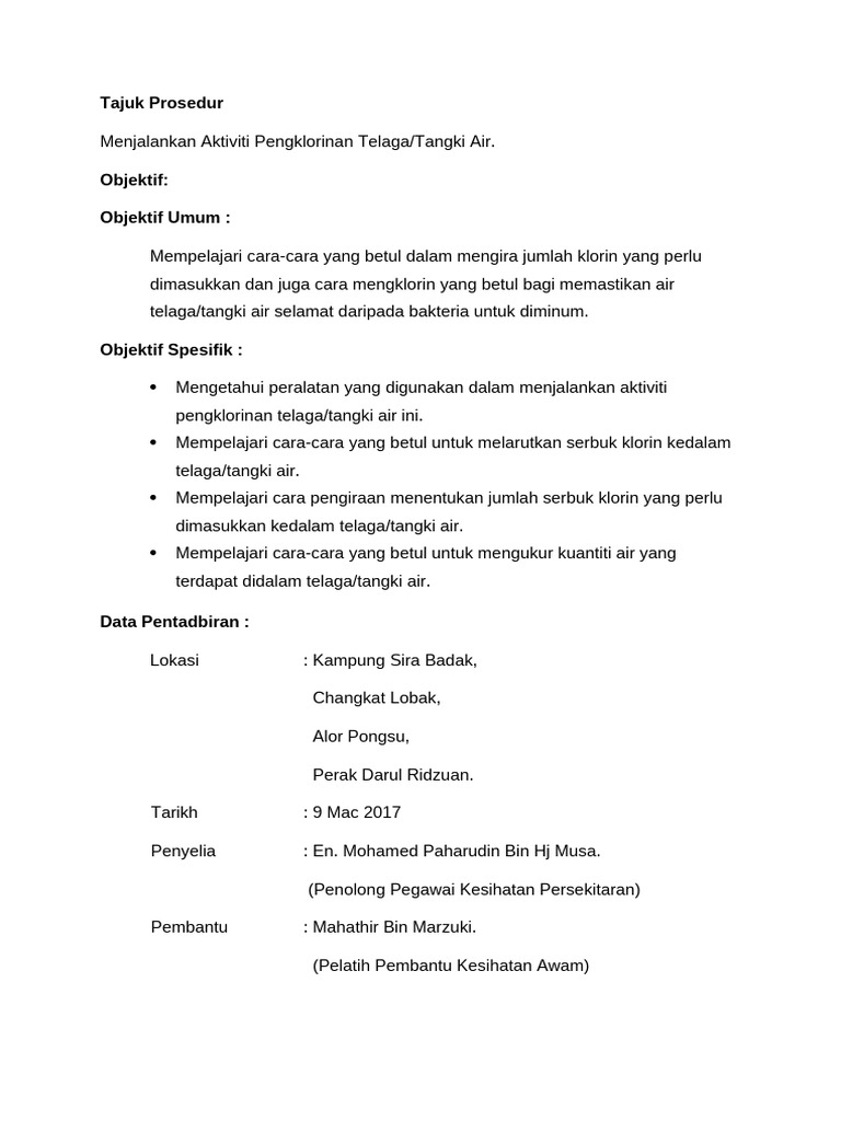 Prosedur 8 (Menjalankan Aktiviti Pengklorinan Telaga Tangki Air) | PDF ...