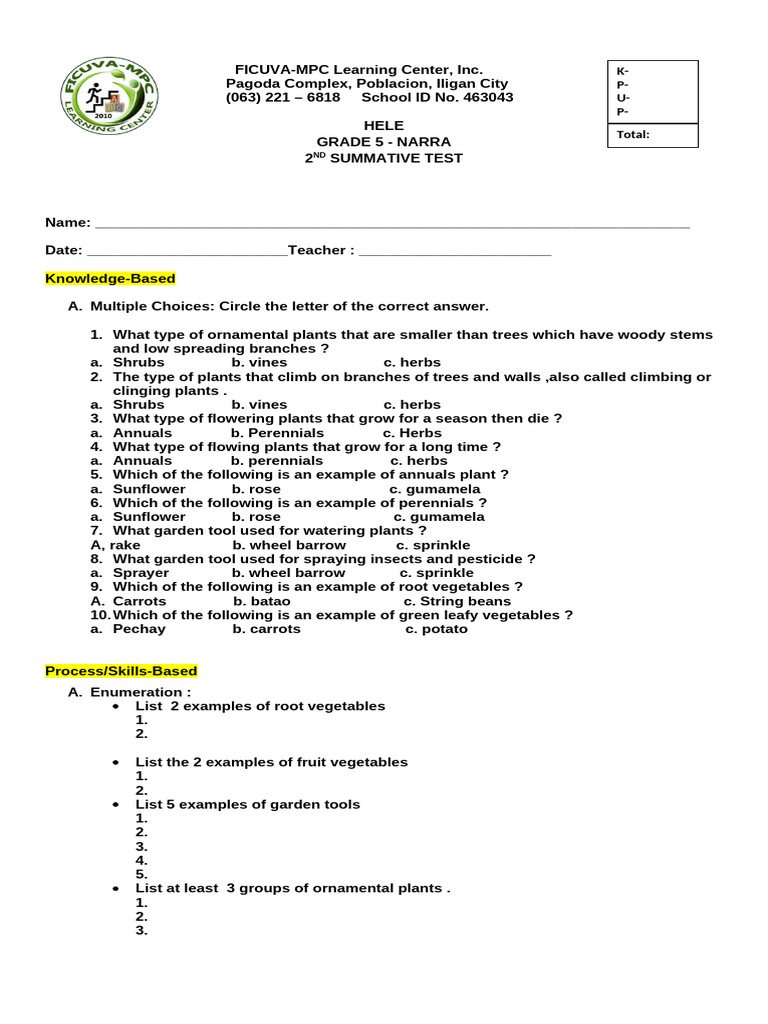 HELE 5 - 2ND SUMMATIVE TEST ) | PDF | Shrub | Vegetables