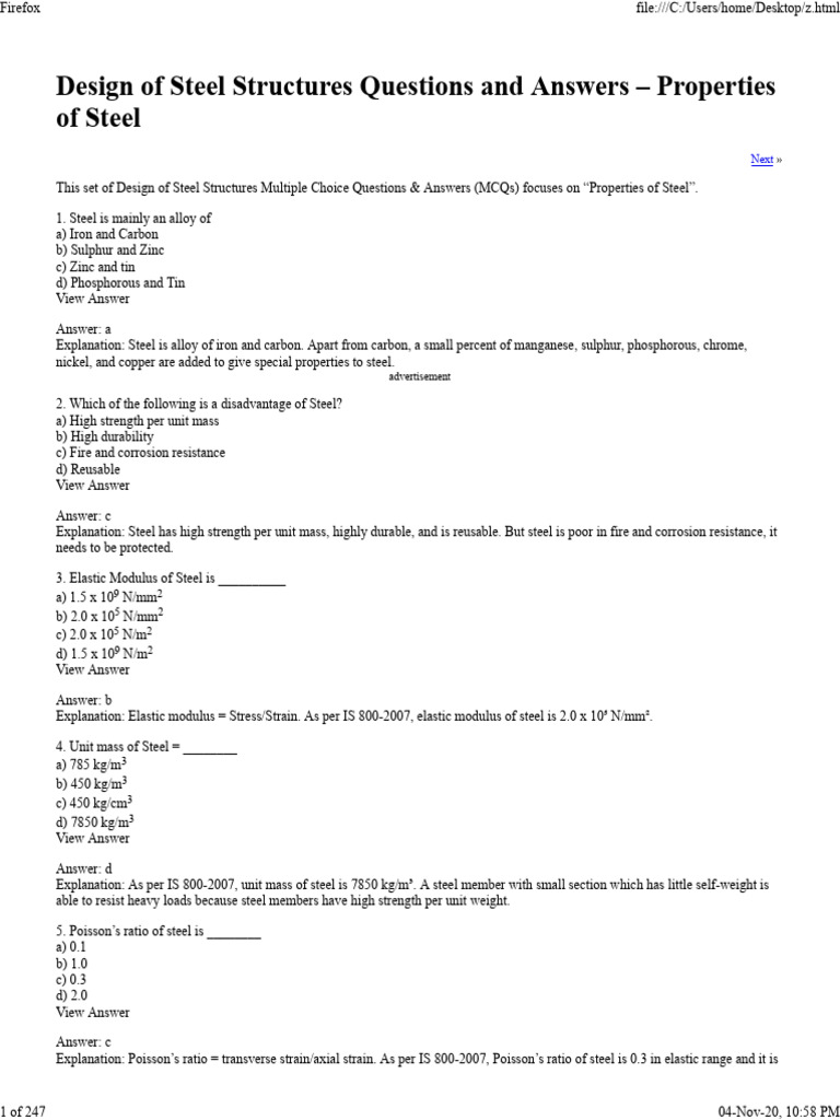 Steel Properties MCQs for Structures | PDF | Strength Of Materials | Steel