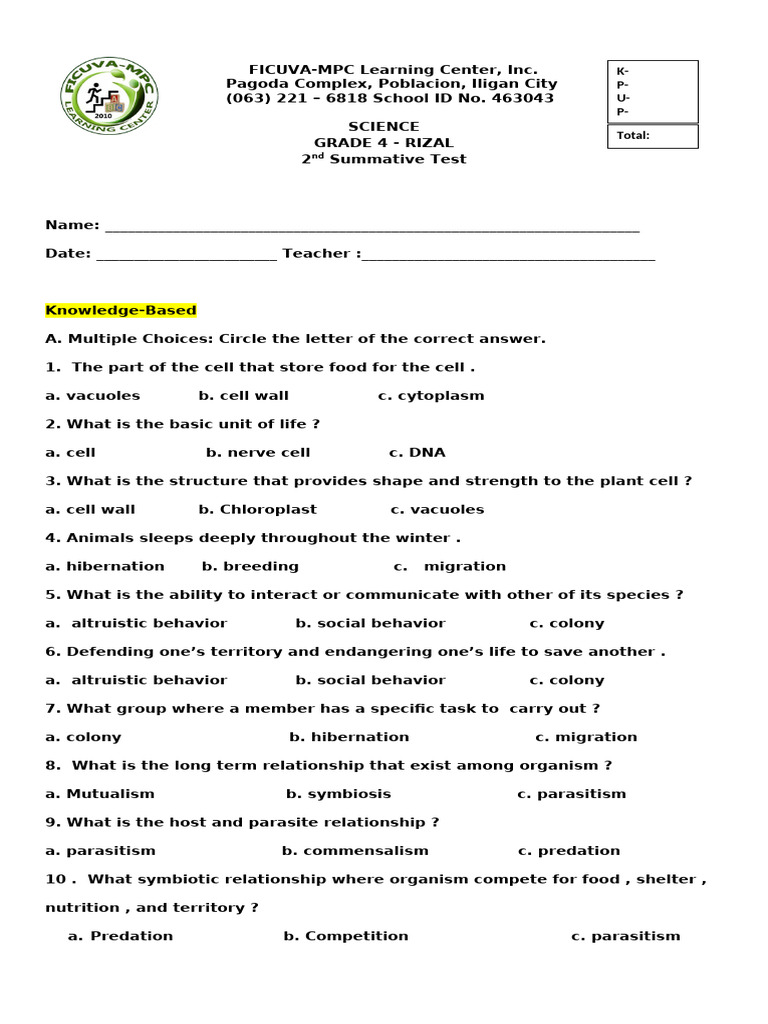 Grade 4 Science Summative Test Guide | PDF | Symbiosis | Cell (Biology)