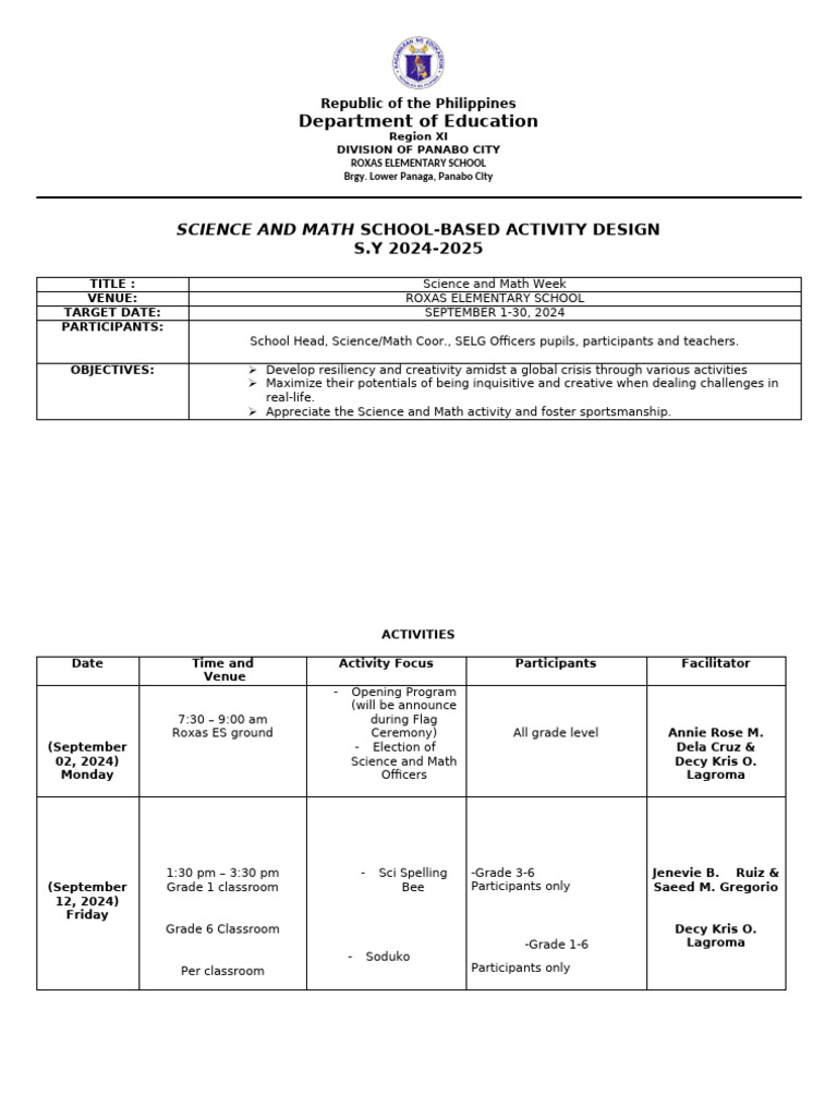 Science and Math Activity Design 2024 1 | PDF