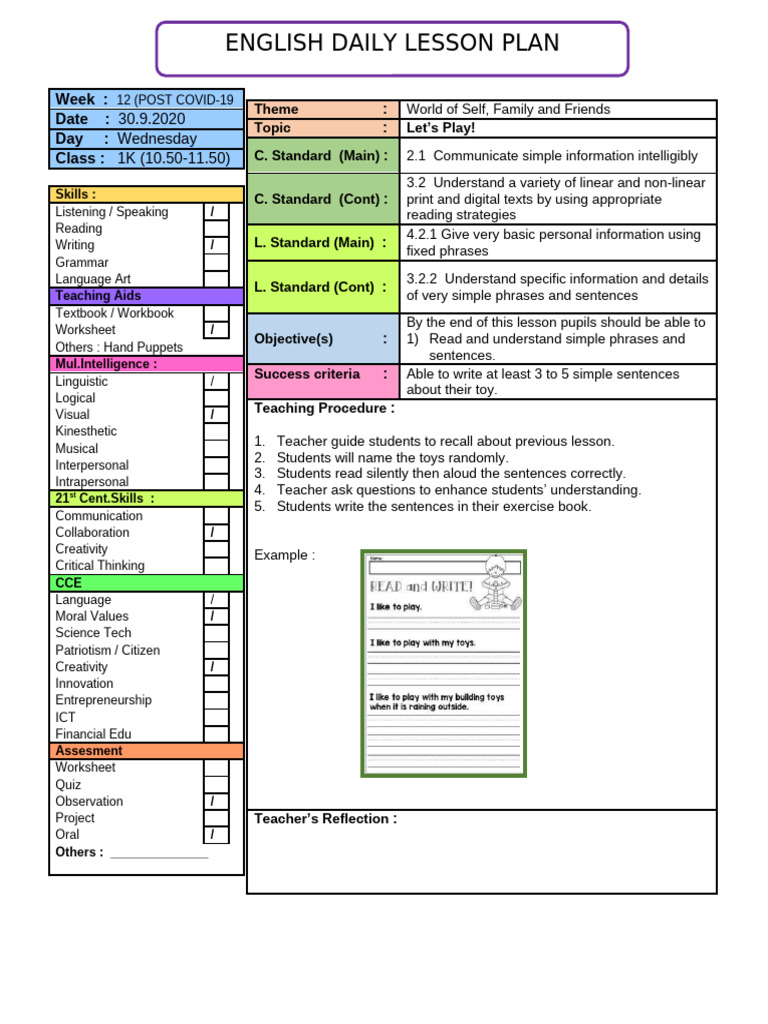 ENGLISH DAILY LESSON PLAN 30.9.2020 1k | PDF | Communication | Lesson Plan