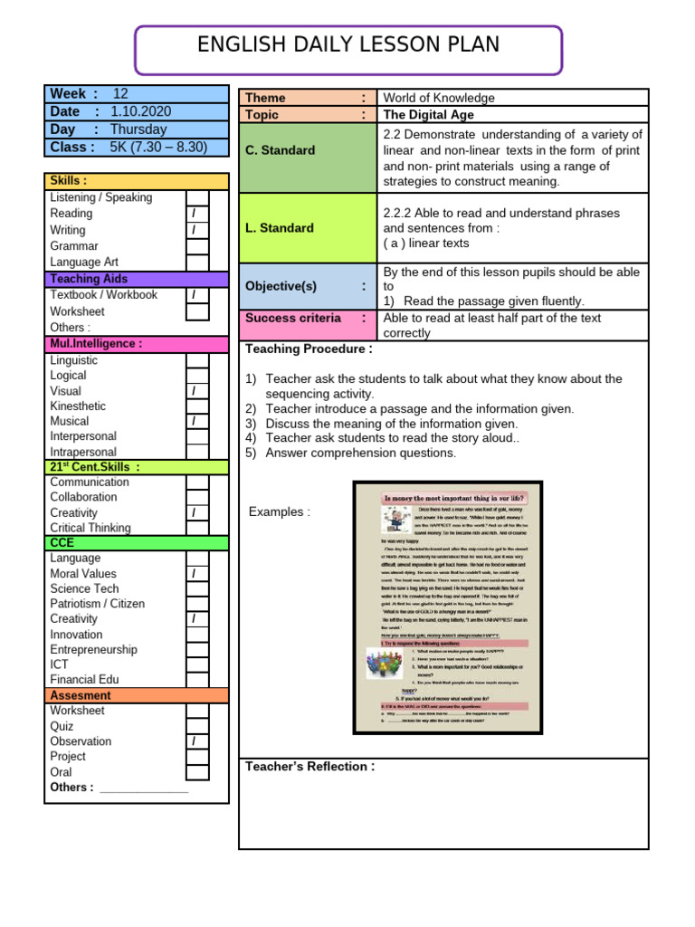 ENGLISH DAILY LESSON PLAN 30.9.2020 5k | PDF
