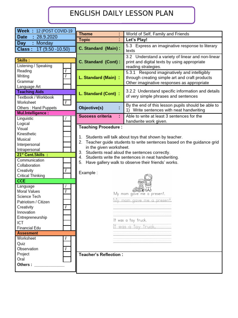 English Daily Lesson Plan 28.9.2020 1T | PDF | Lesson Plan | Behavior ...