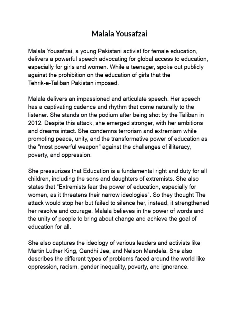 Speech Analysis - Malala Yousafzai | PDF | Malala Yousafzai | Extremism
