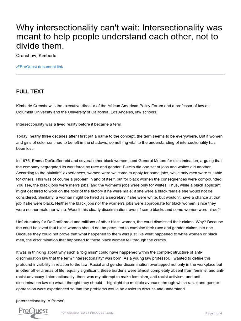 Crenshaw Why+intersectionality+cant+wait | PDF | Intersectionality | Feminism