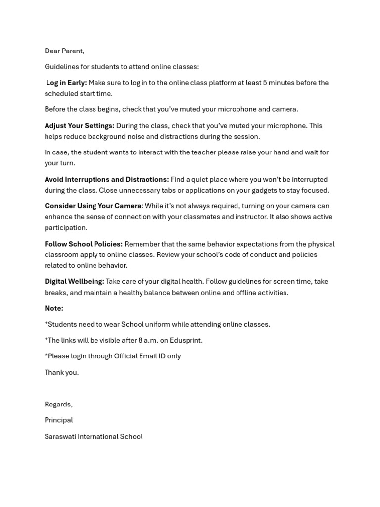 Online Class Guidelines for Students | PDF