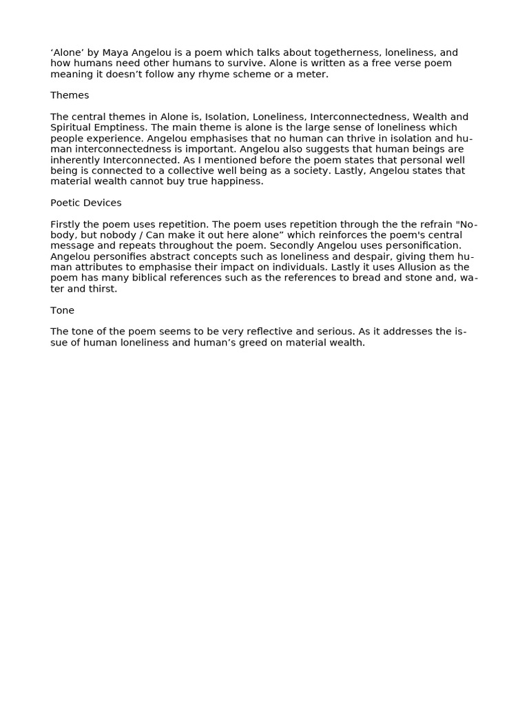 Analysis of Maya Angelou's "Alone" | PDF
