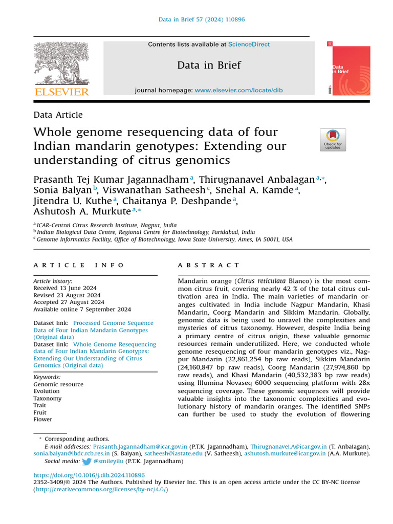 Whole Genome Resequencing Data of Four Indian Mandarin Genotypes: Extending Our Understanding of ...