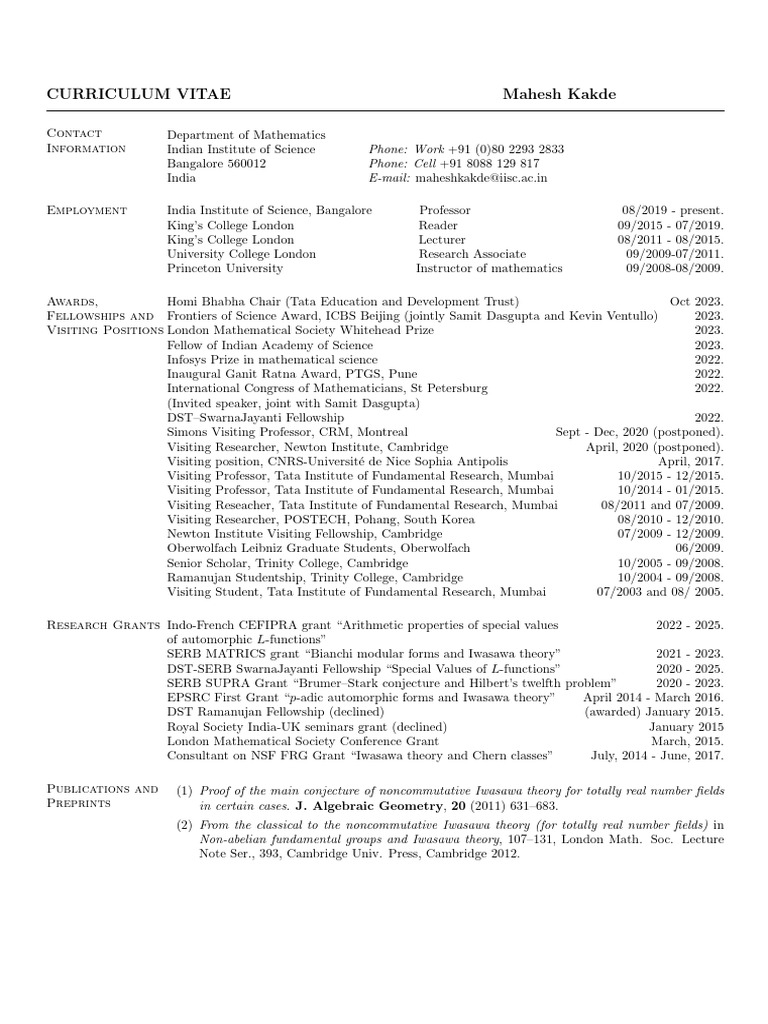 Mahesh Kakde: Mathematics CV | PDF | Number Theory | Mathematics