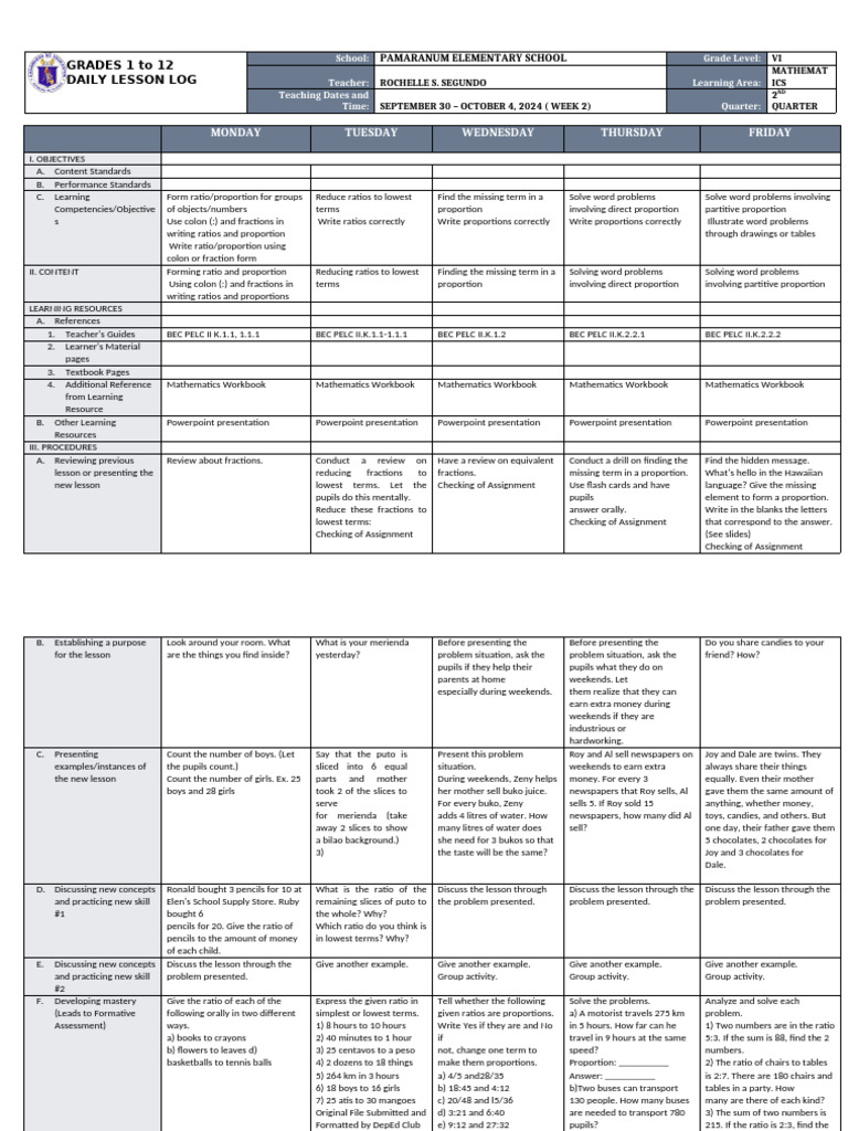 DLL - Mathematics 6 - Q2 - W2 | PDF | Ratio | Teachers