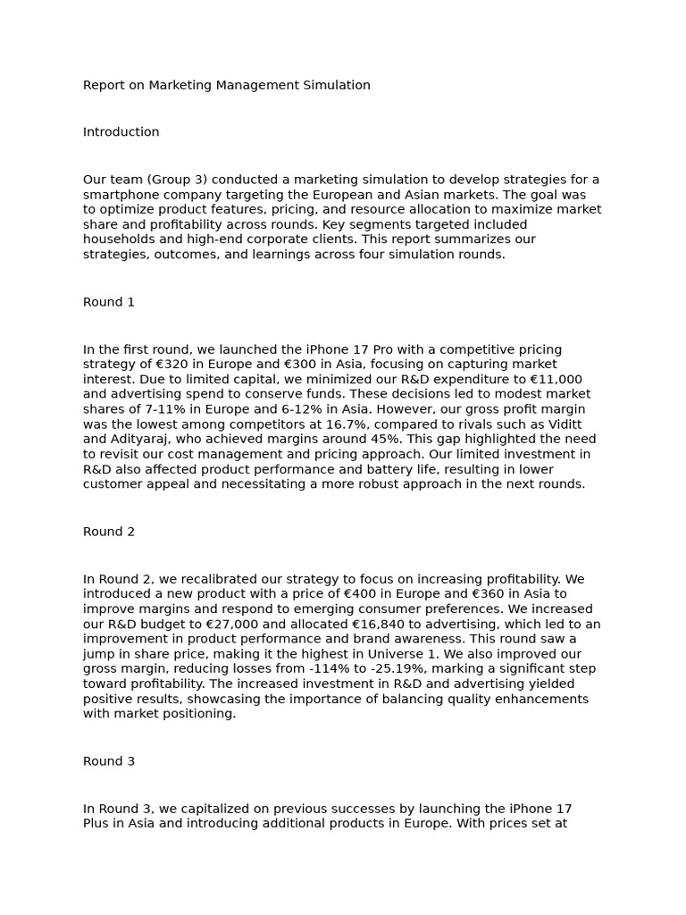 Report On Marketing Management Simulation | PDF | Marketing | Pricing