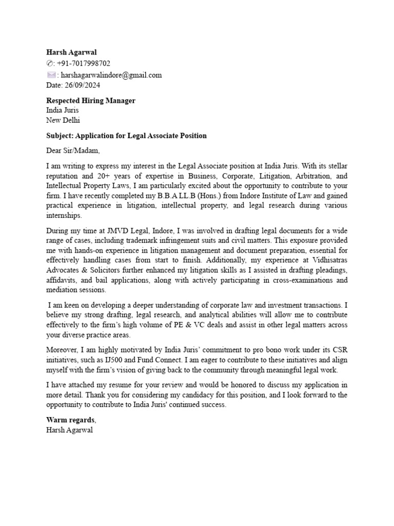 Legal Associate Application - Harsh Agarwal | PDF | Law