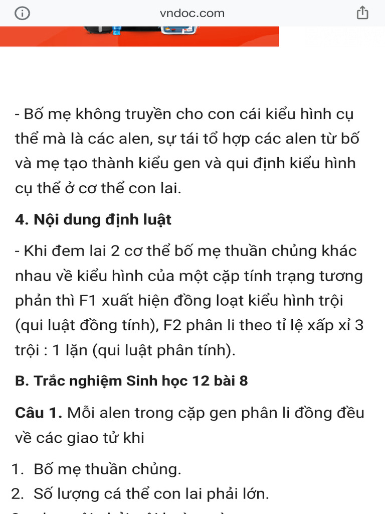 Sinh Học 12 Bài 8 Quy Luật Menđen - Quy Luật Phân Li - Lý Thuyết, Trắc ...