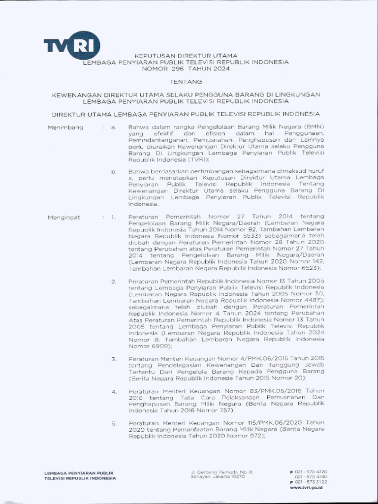 SK Dirut 296 24 Tentang Kewenangan Direktur Utama Selaku Pengguna Barang Di LPP Tvri | PDF