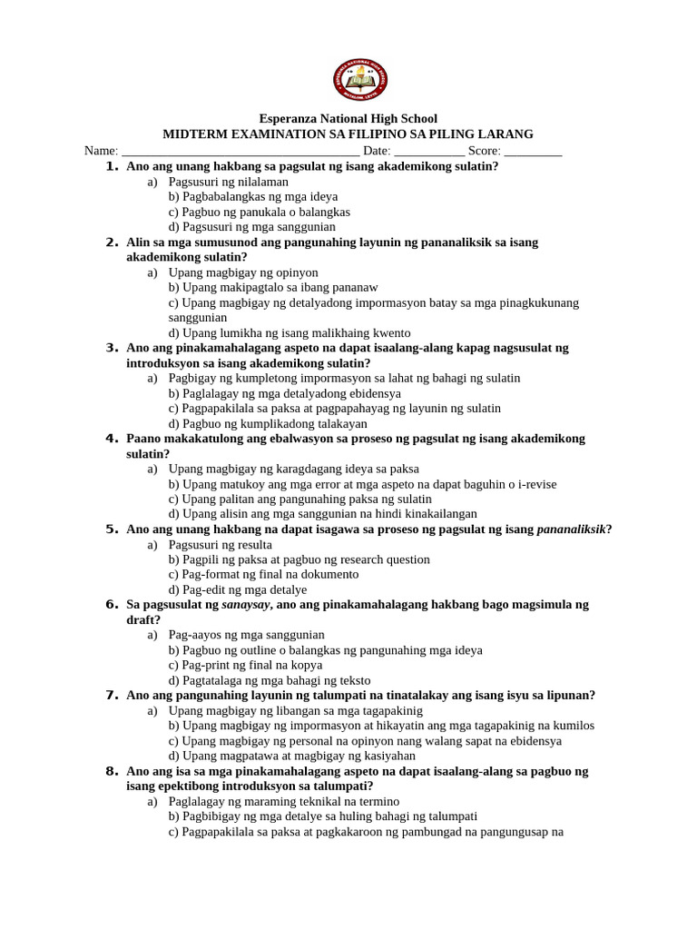 Exam Midterm Filipino Sa Piling Larang | PDF