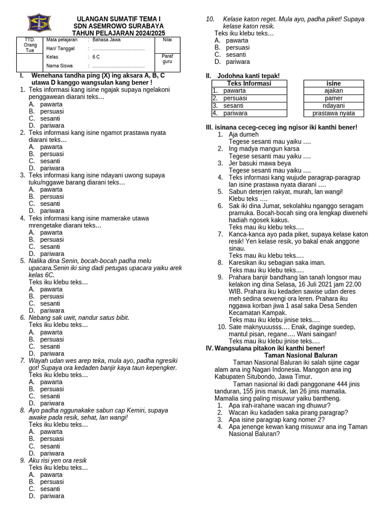 UH Tema 1 Bahasa Jawa 2022 | PDF