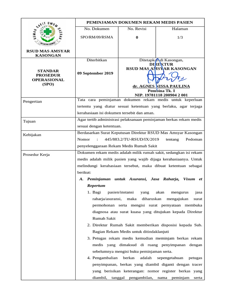 Spo RM.09 Peminjaman Berkas Rekam Medis | PDF | Hukum