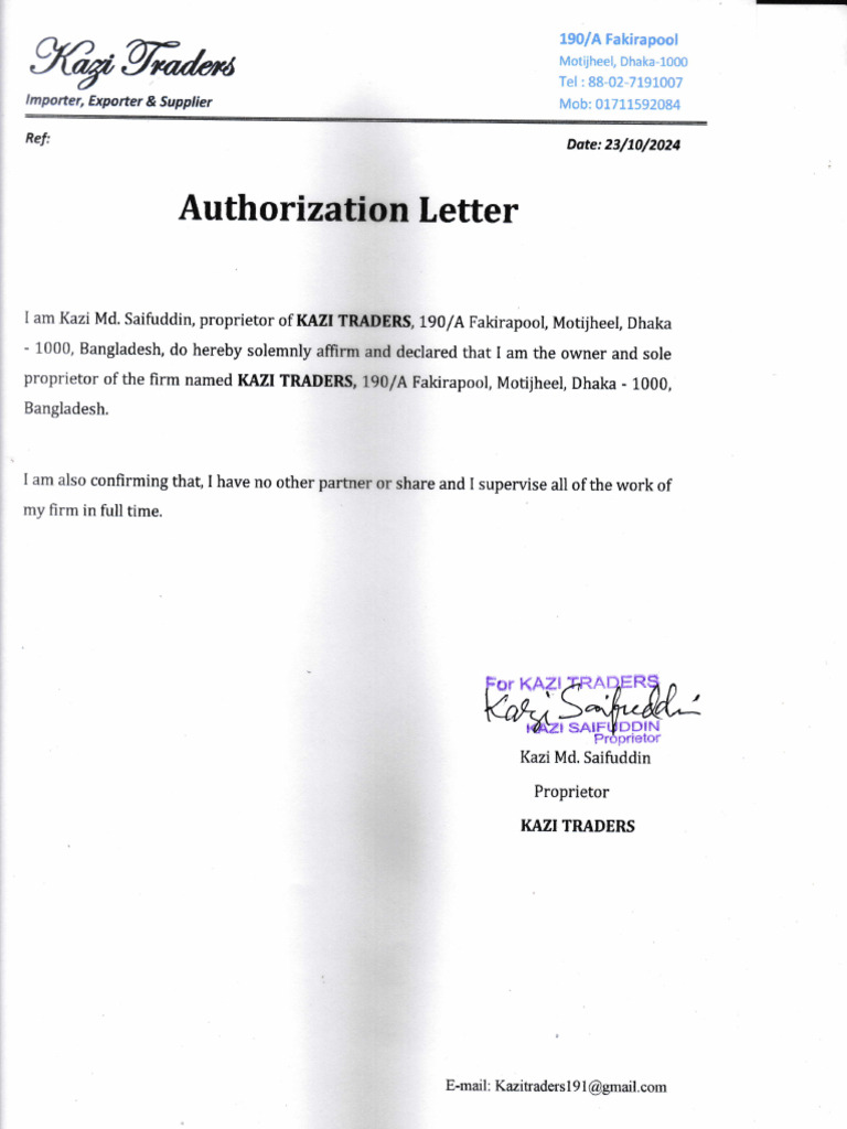 Kazi Traders Authorization Letter | PDF